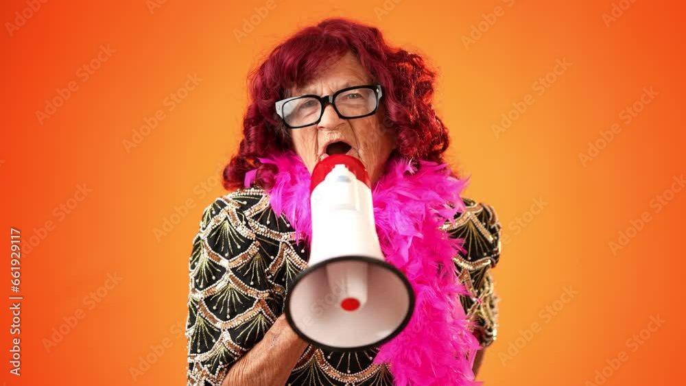Portrait of funny toothless old elderly senior crazy grandmother woman ...