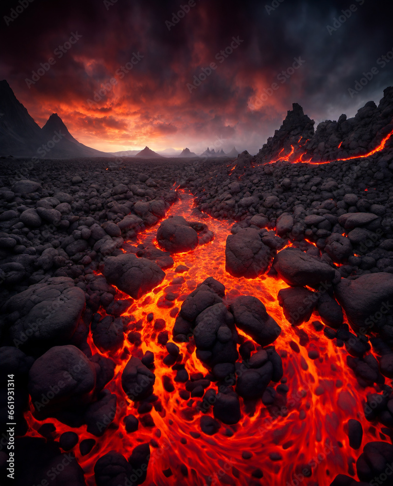 Volcanic landscape under a dark, cloudy sky illuminated by the red glow ...