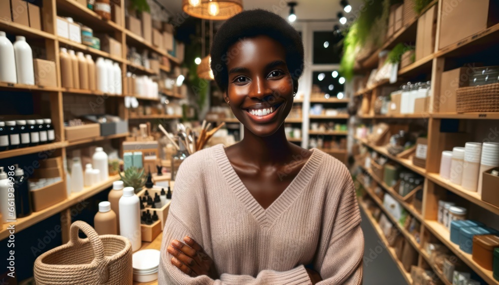 A shop owner of African descent stands in a close-up shot, beaming with ...