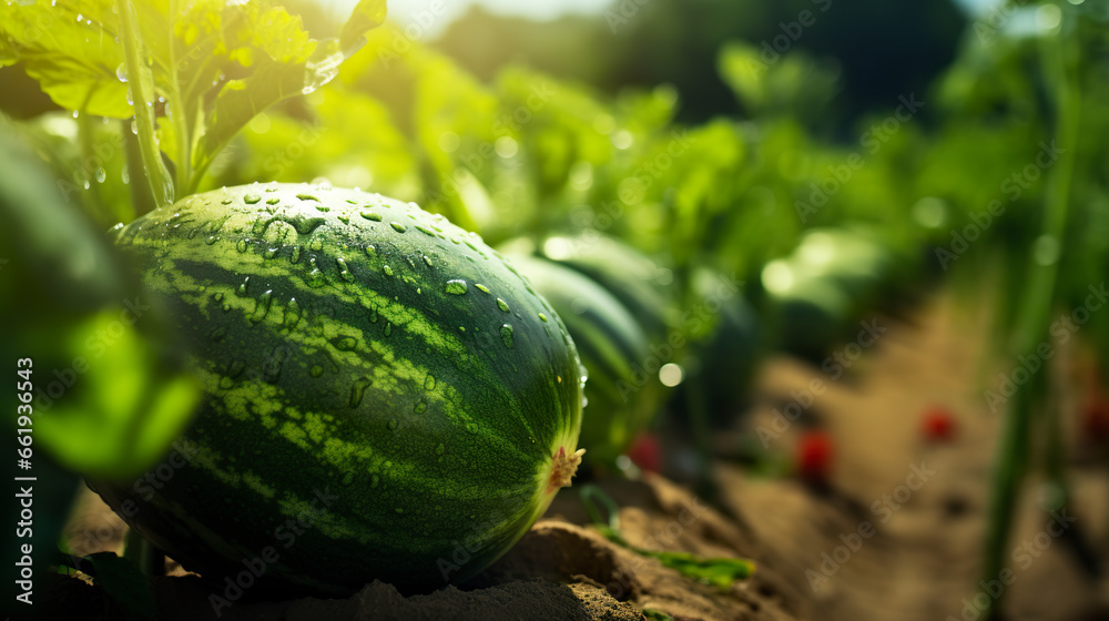 A macro image of watermelons growing in a residential garden ...