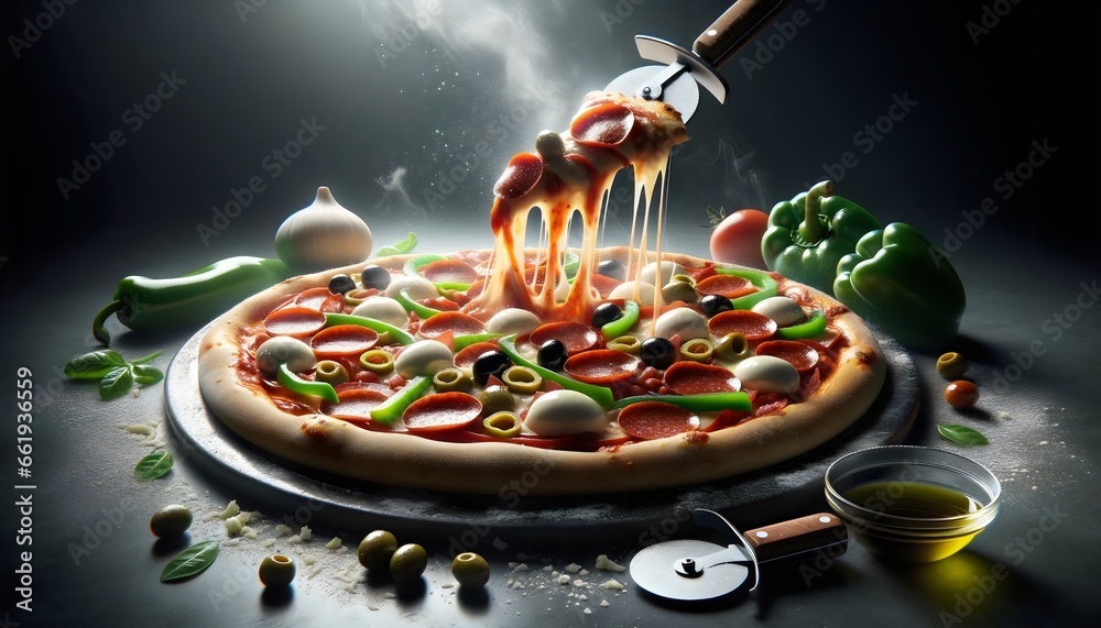 professional Photo of a pizza being capturing the toppings of pepperoni ...