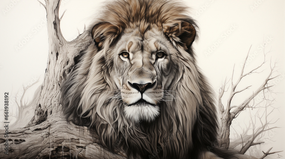 Majestic Lion Portrait: A highly detailed black and white pencil ...