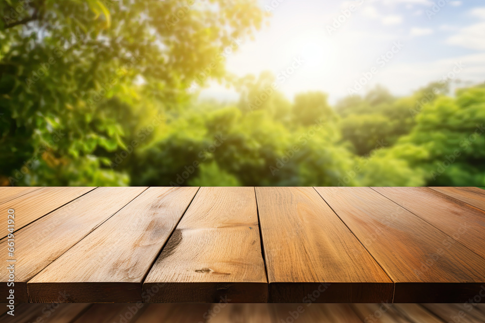 Wooden table top on blurred sunshine background with free space for ...