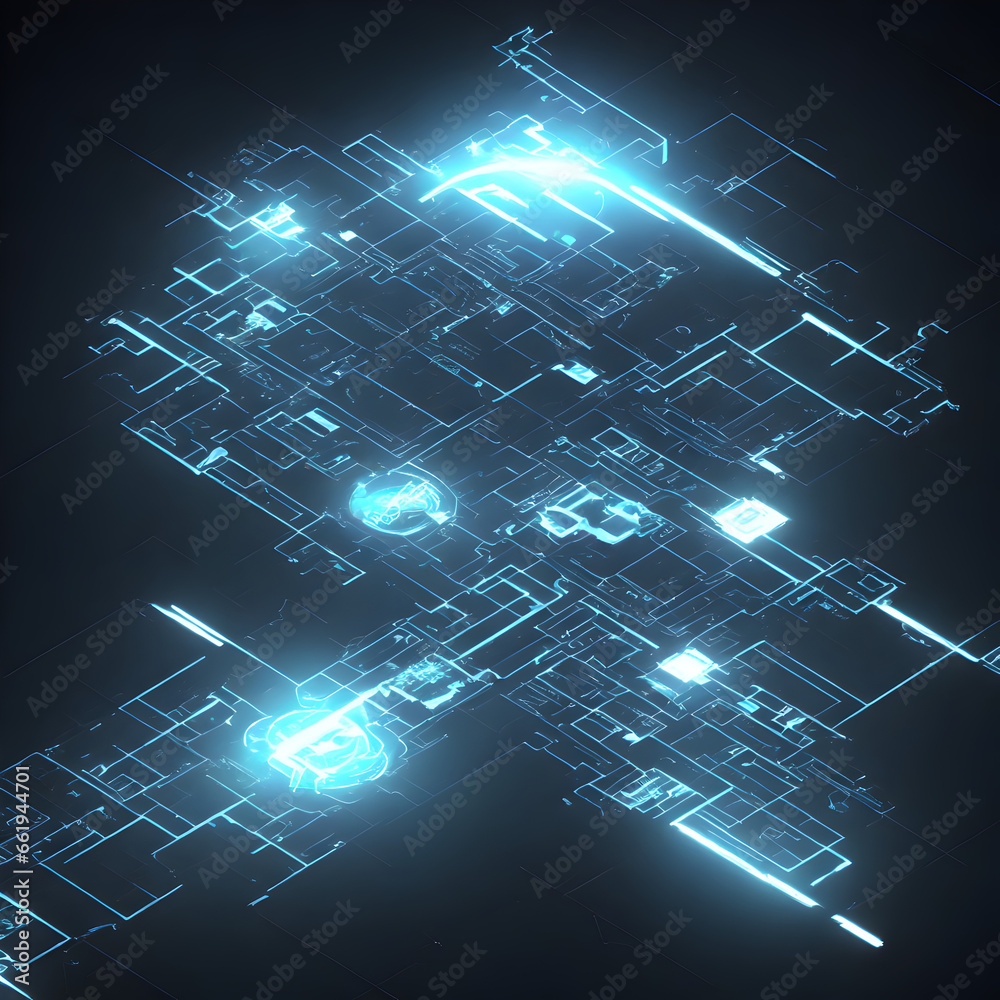 Abstract blue glowing floating electronic grid lines in the internet ...