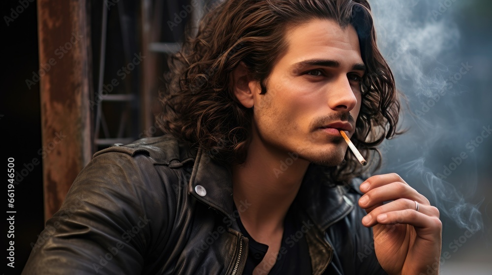 Rebellious young man in leather jacket, smoking a cigarette. Rugged ...