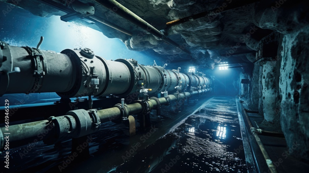 Underwater shot of a water treatment system with submerged filtration ...