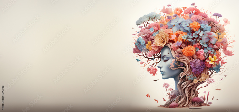 Human mind with flowers and butterflies growing from a tree, positive ...