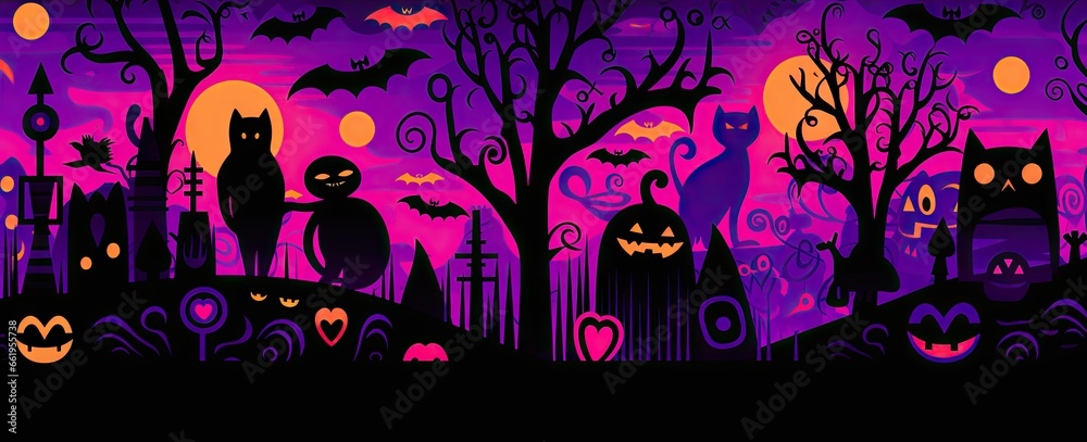 rainbow halloween background with cats, ghosts, spiders and other ...