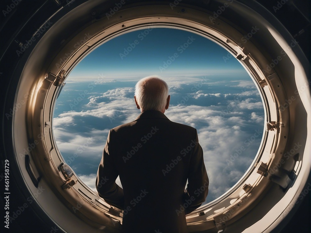 Old man looking at the earth from the porthole of a spaceship. Stock ...