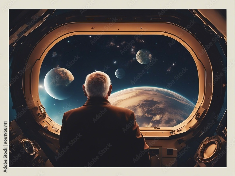 Old man looking at the earth from the porthole of a spaceship. Stock ...