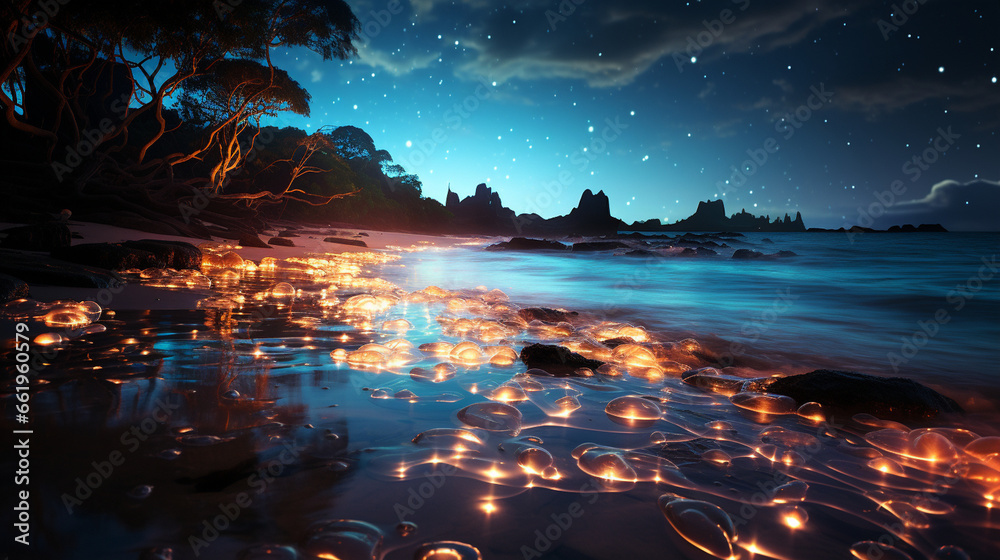 Bioluminescent Beach: A surreal beach scene featuring bioluminescent ...