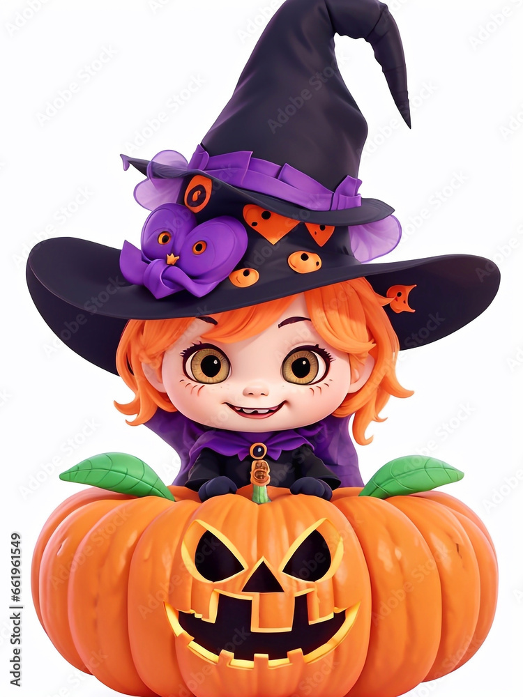 Cute clipart cartoon Halloween witch with wizard hat. Pumpkim scary ...