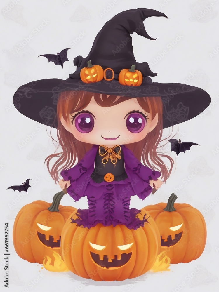 Cute clipart cartoon Halloween witch with wizard hat. Pumpkim scary ...