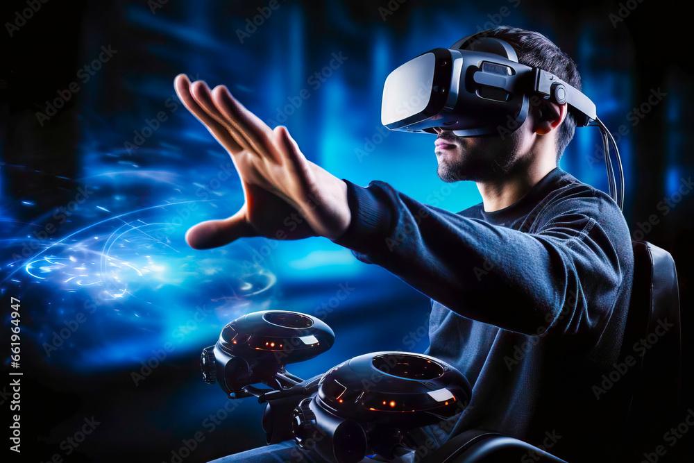 Disabled Man in Wheelchair Playing Game in VR Headset in Virtual World ...