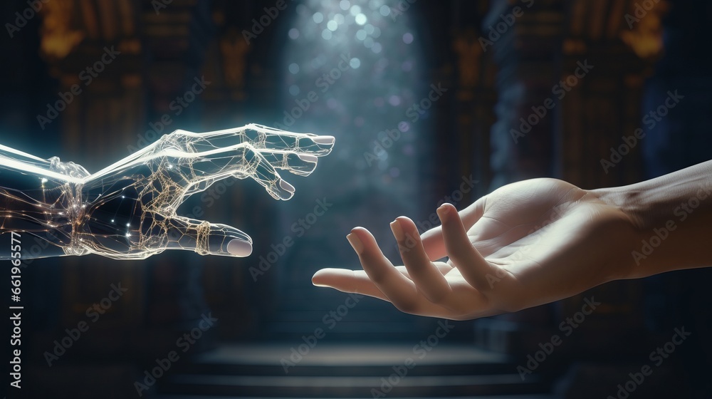 A human hand and a holographic humanoid hand delicately touch each ...