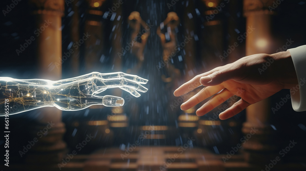 A human hand and a holographic humanoid hand delicately touch each ...