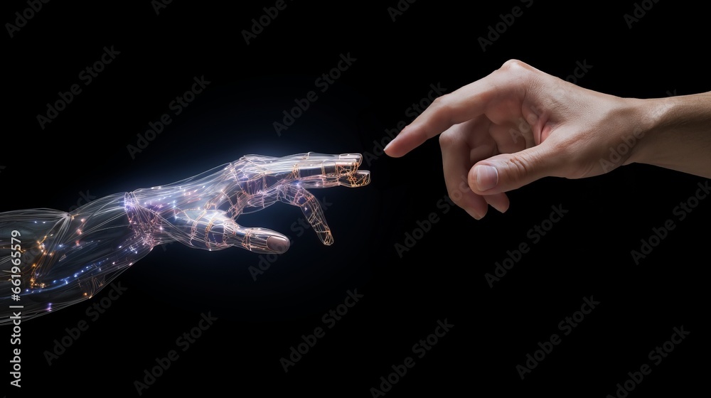 A human hand and a holographic humanoid hand delicately touch each ...