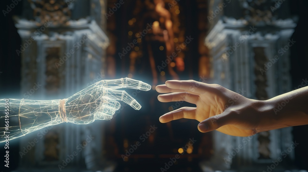 A human hand and a holographic humanoid hand delicately touch each ...