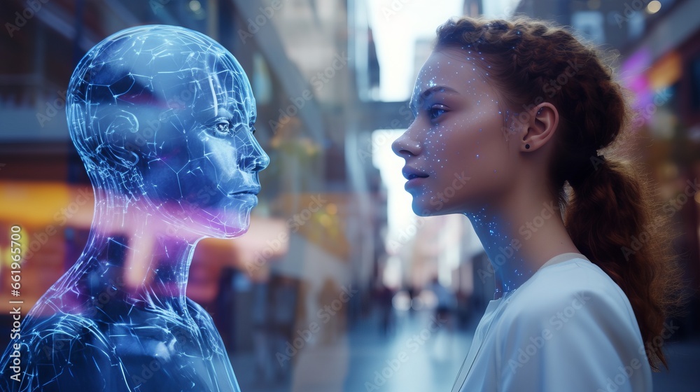 Woman talking with ai hologram, harmonious coexistence of humans and AI ...