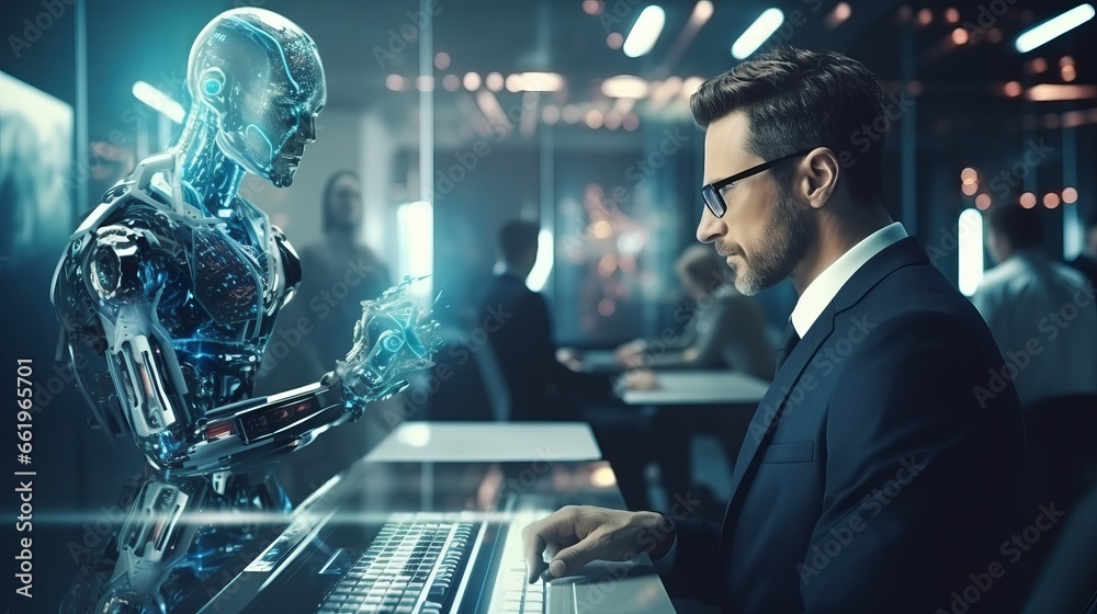 Person working with an ai hologram, harmonious coexistence of humans and AI technology ...