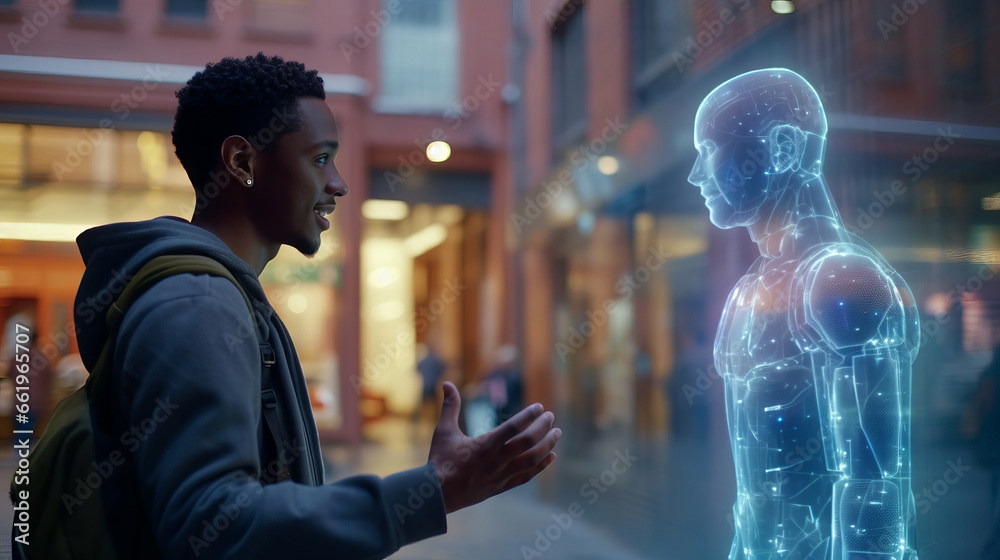 Person talking with ai hologram, harmonious coexistence of humans and ...