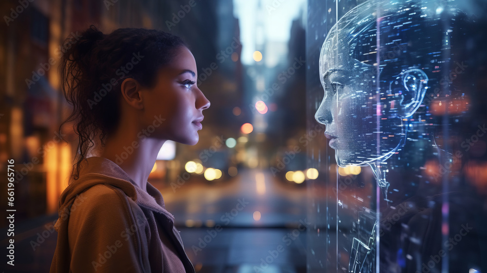 Woman talking with ai hologram, harmonious coexistence of humans and AI ...