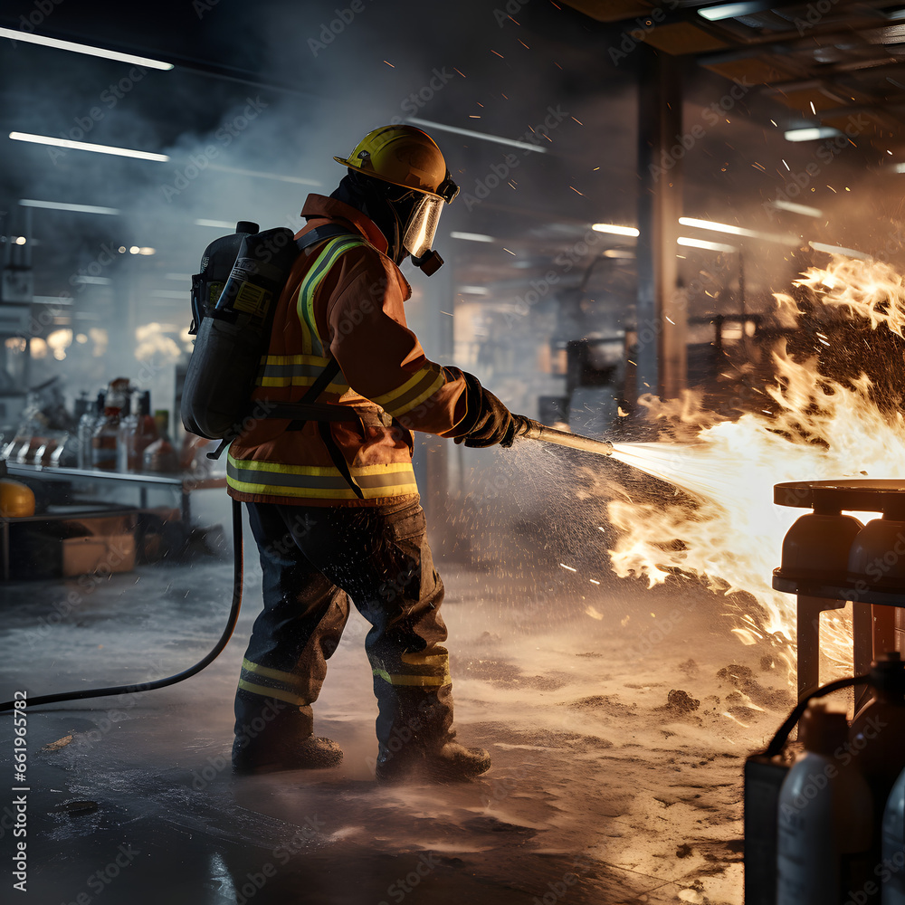 worker using a fire extinguisher on a controlled blaze Stock Photo ...