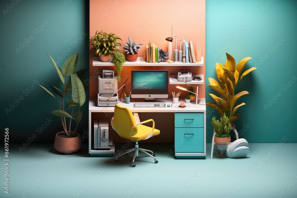 A modern office interior. Workplace with computer and plants. Office ...
