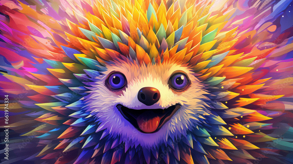 Happy psychedelic hedgehog face portrait in vivid multicolored colors ...