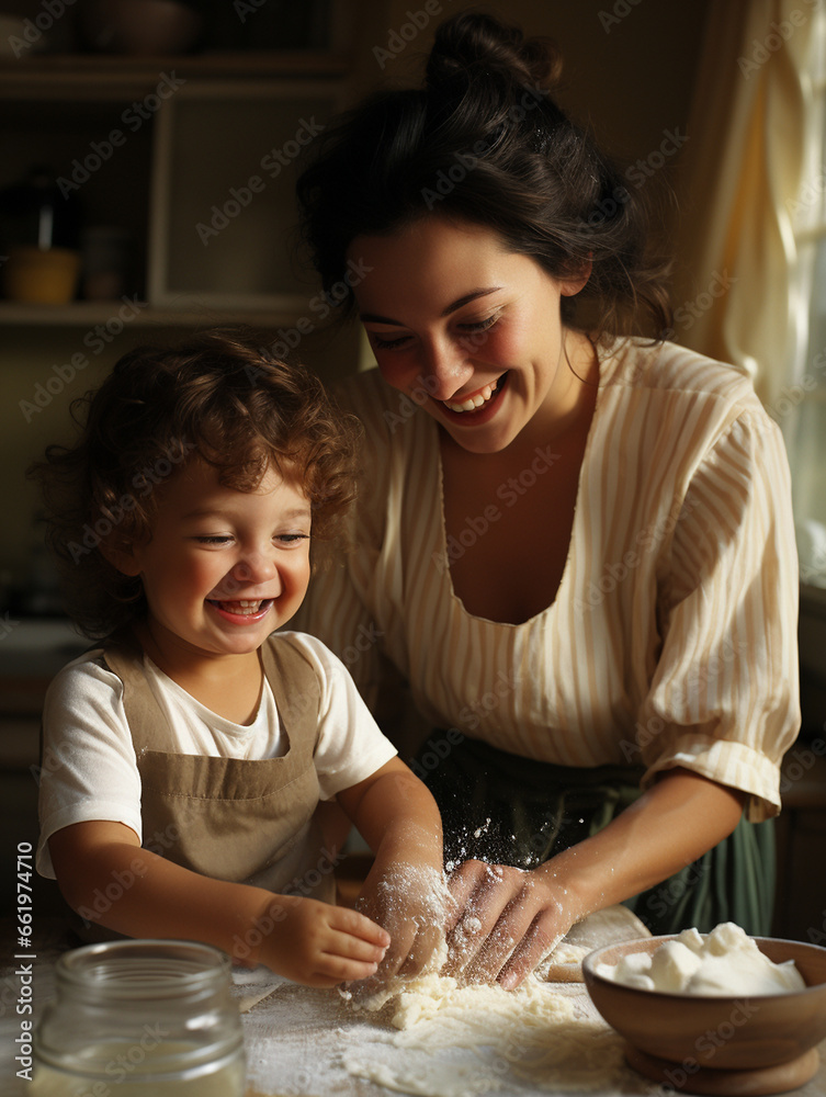 Süßes kleines Kind mit Oma als Koch hilt in der Küche beim Backen und ...