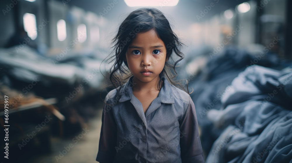 Small Asian girl's portrait with blurred textile factory background ...