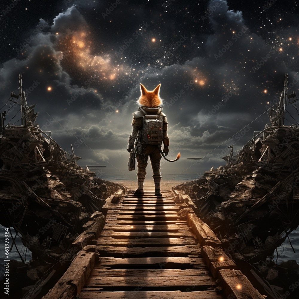 Fennec robot samurai walks behind him beautiful image Ai generated art ...