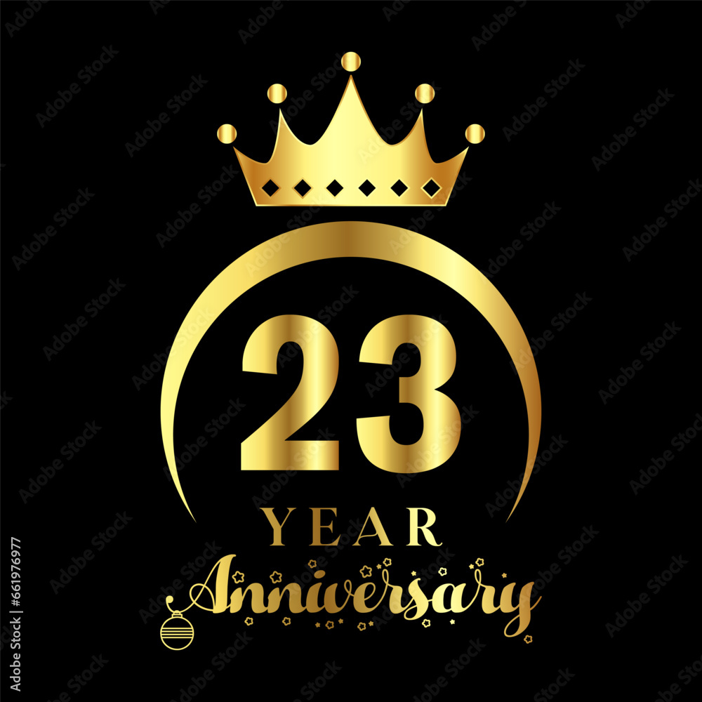 23 year anniversary celebration. Anniversary logo with crown and golden ...