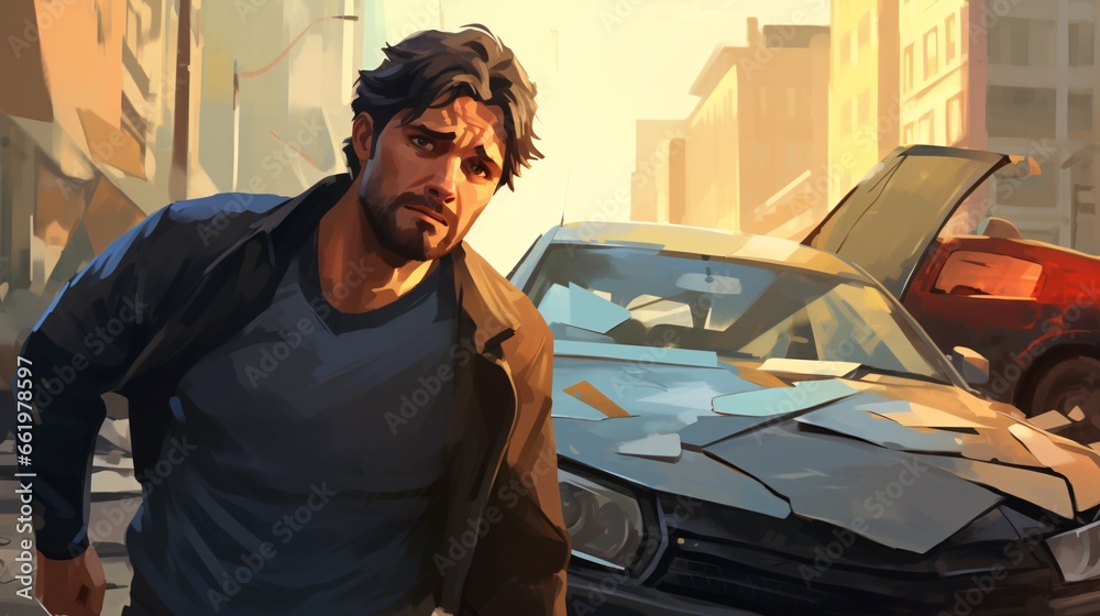 An intersection scene unfolds, marked by the aftermath of a collision ...