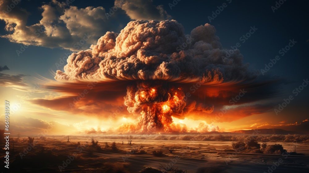 Nuclear explosion day or night. Stormy sky, shock wave against the ...