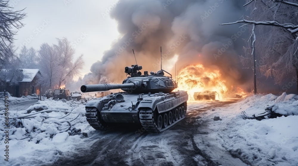 Tank on a military mission in winter. Tank barrel. Infantrymen and ...