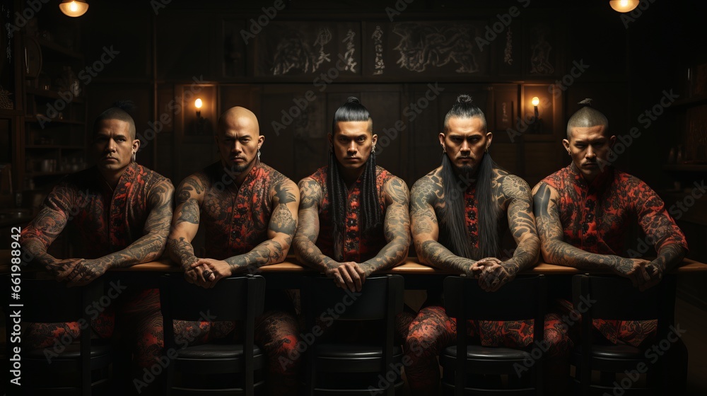 A man with yakuza style tattoos. dangerous people, concept: mafia and ...