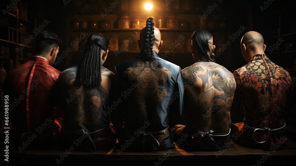 A man with yakuza style tattoos. dangerous people, concept: mafia and ...