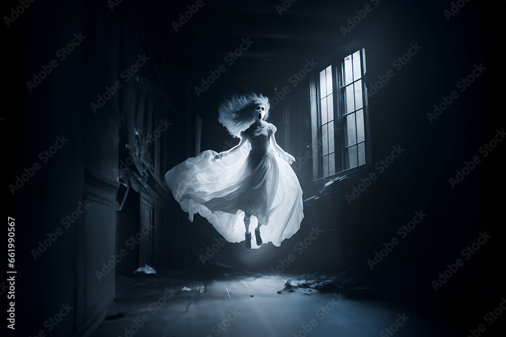 Scary ghost girl floating on the air in an abandoned haunted house ...