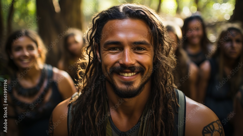 Polynesian tribe, Maori people. Village life in a picturesque area with ...