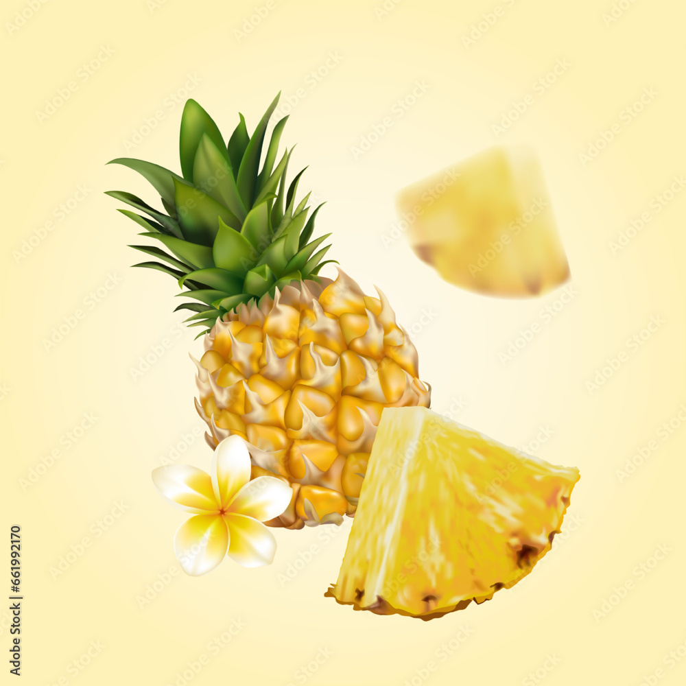 Realistic vector fresh sliced pineapple illustration for package design ...