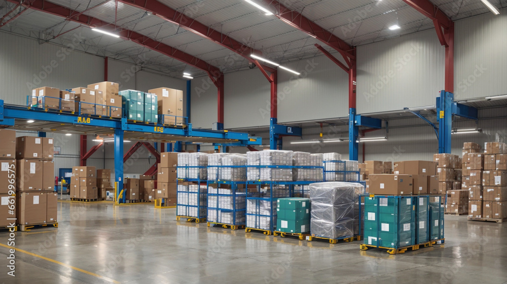 Interior of a factory, fulfilment centre, with packages representing ...