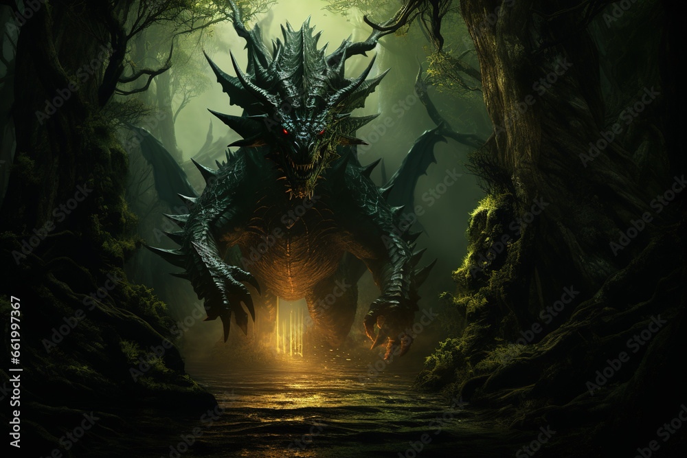 In a dense, shadowed forest, a dragon emerges from behind ancient trees ...