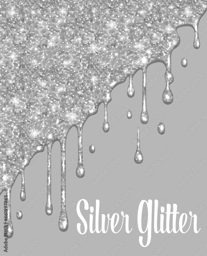 Silver glitter. Silver paint dripping on a gray background. Dripping ...