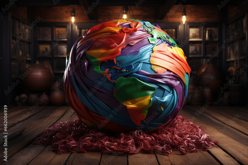 World globe tangled by country flags, symbolizing global harmony and ...