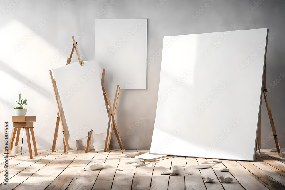 Mock up blank canvas or poster with pile of canvas on floor and wall ...