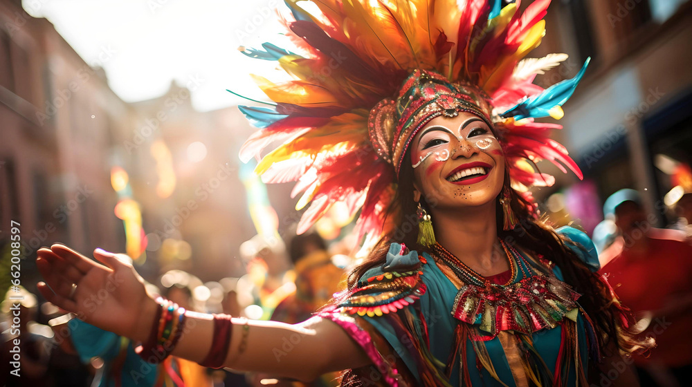 woman celebrating the Bolivian carnival, dancing with her colorful and ...