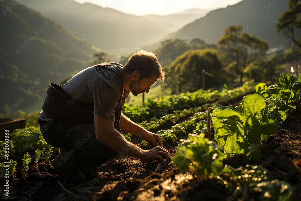 Farmer tending to their organic crops in soil, showcase harmony between ...