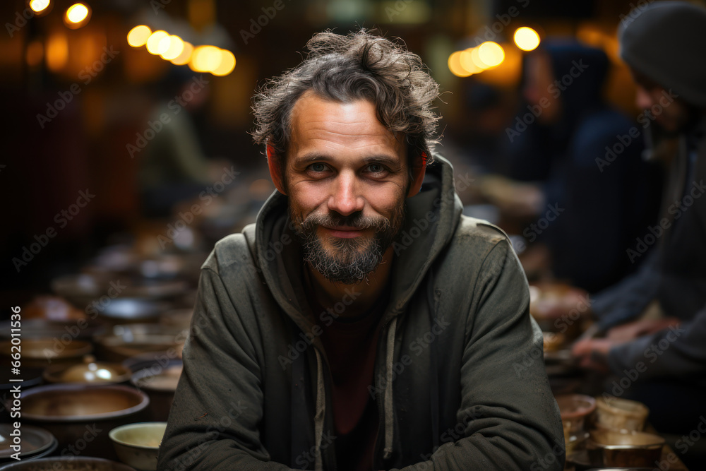 A person volunteering at a homeless shelter, illustrating the moral ...