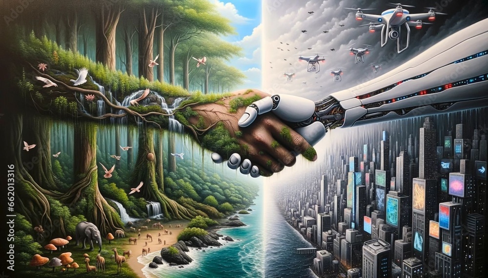 portrays a striking juxtaposition between nature and technology. On the ...